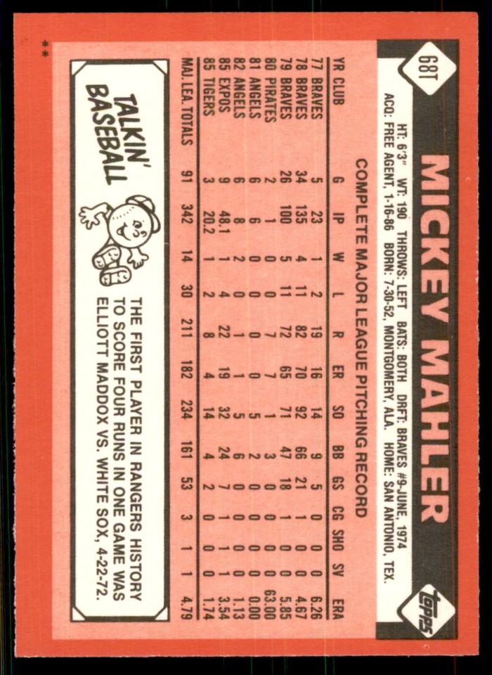 1986 Topps Traded. Mickey Mahler Baseball Cards #68T | eBay
