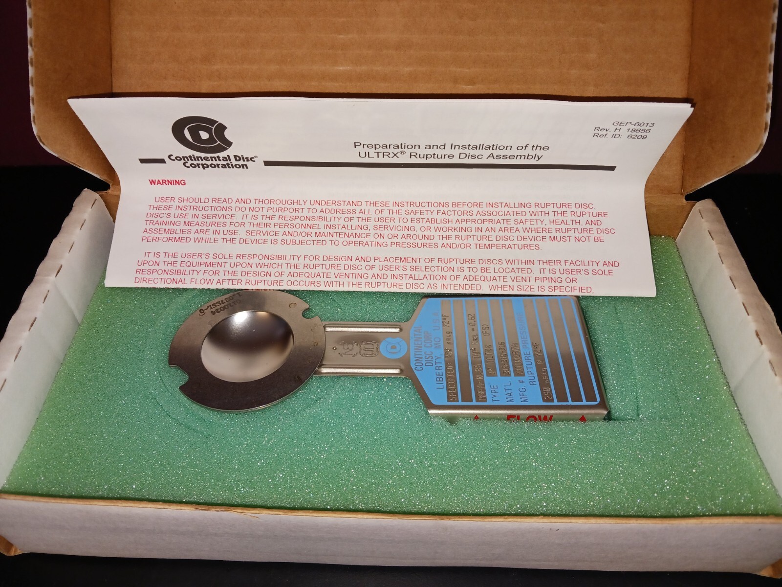 Continental Disc Corp 1" Ultrx FS SS Rupture Disc / 290 PSIG @ 72° F ...