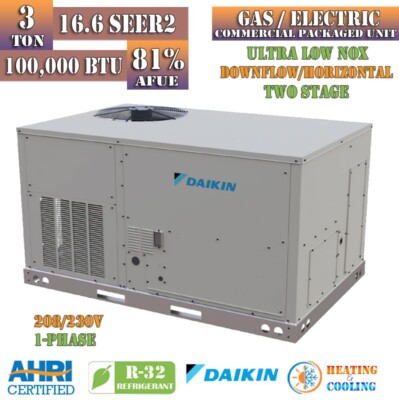 Daikin 3 Ton 16.6 SEER2 100K BTU AC Gas Package Unit Ultra Low NOx 81% ...