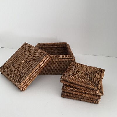 Rattan Wicker Set of 6 Square Coasters in Box Brown Boho 4x4 Unbranded ...