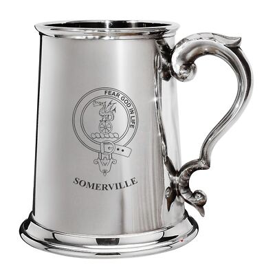 Somerville Family Crest Polished Pewter 1 Pint Tankard with Scroll ...