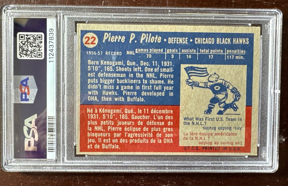 1957 TOPPS #22 PIERRE PILOTE RC ROOKIE PSA 6 Chicago Blackhawks ...