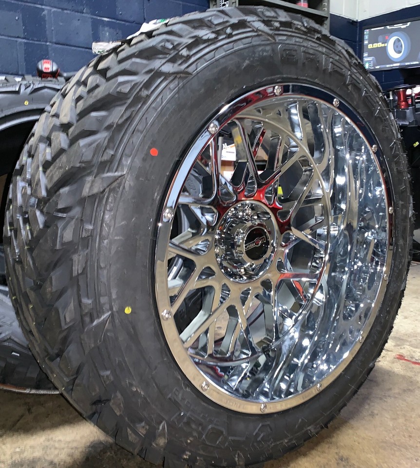 22x12 Vision Rocker Chrome Wheels 35" Fuel MT Tires 8x6.5 GMC Sierra ...