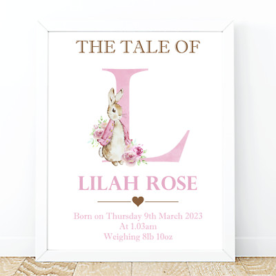 NEW BABY GIRL GIFT PERSONALISED BIRTH DETAILS PRINT PETER RABBIT FLOPSY ...