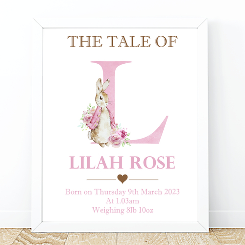 NEW BABY GIRL GIFT PERSONALISED BIRTH DETAILS PRINT PETER RABBIT FLOPSY ...