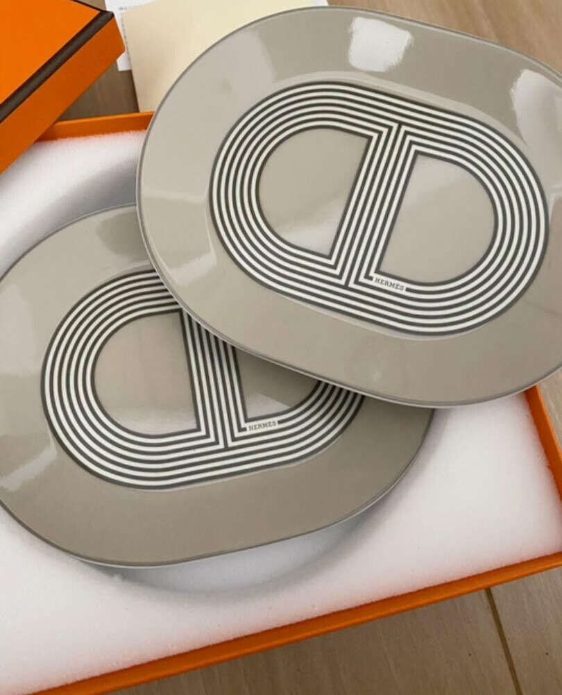 Hermes Rallye 24 Oval Shaped Plate 2Pair Gray With Box 4.5"×6" FROM ...