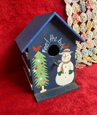 Snowman & Birds Handpainted Wooden Birdhouse Feed the Birds Blue ...