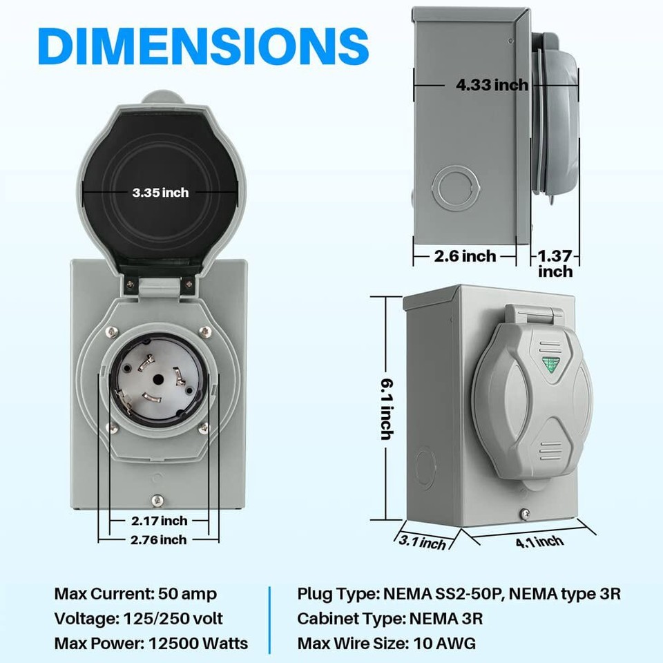25/50 FT 50Amp Generator Cord+Power Inlet Box NEMA 14-50P to SS2-50R ...