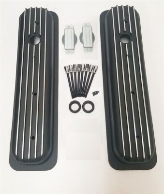 Small Block Chevy Short Style Finned BLACK Valve Covers Retro Vortec 5. ...