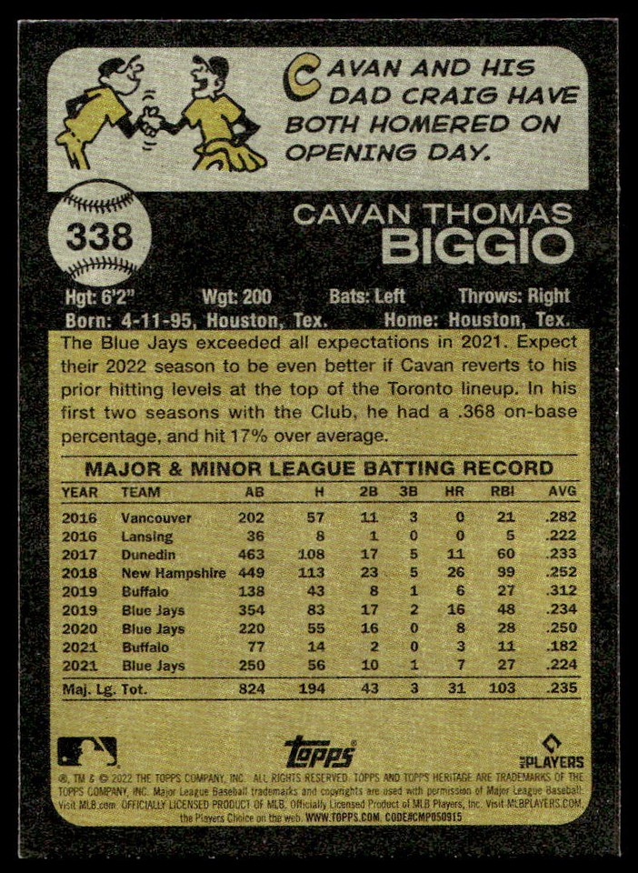 2022 Topps Heritage 338 Cavan Biggio Toronto Blue Jays Baseball Card | eBay