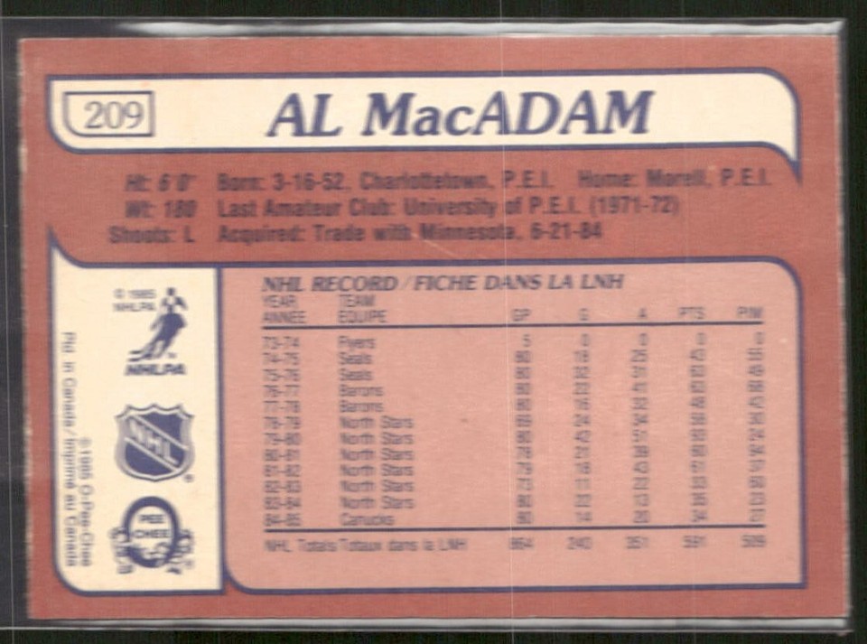 1985-86 O-Pee-Chee - Al MacAdam #209 | eBay