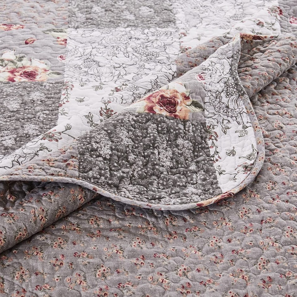 GRAY FLORAL 3pc King Cal QUILT SET : FARMHOUSE GREY GIULIA COTTAGE ...