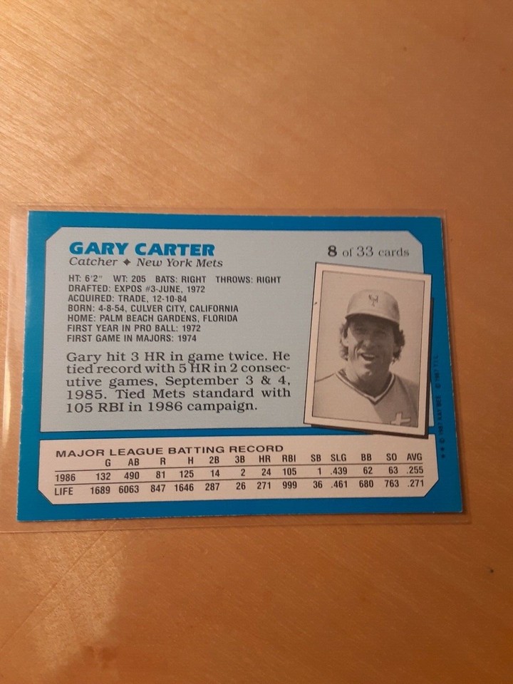 1987 Kay-Bee #8 GARY CARTER New York Mets Baseball Card, Catcher, HOF ...