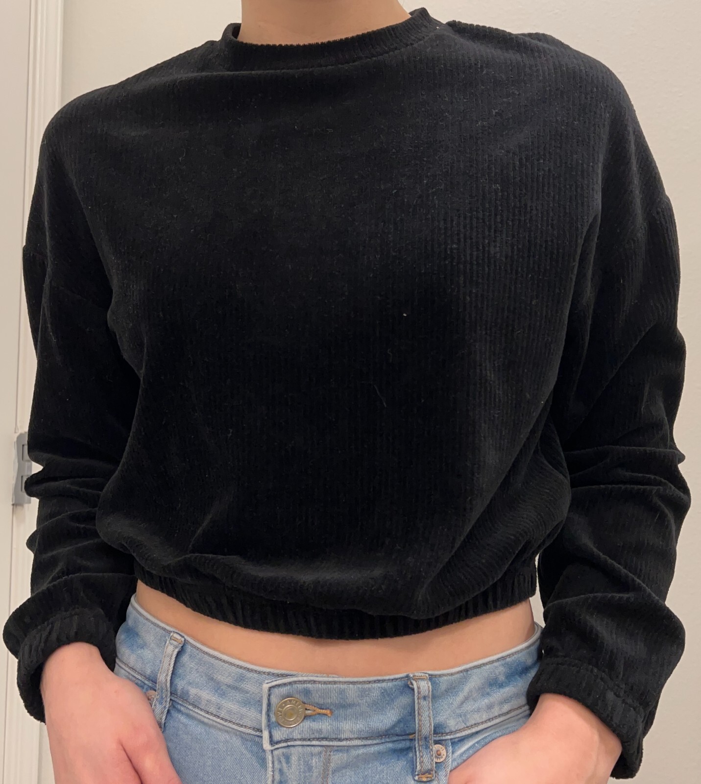 Garage Black Long Sleeve Ribbed Velvet Soft Top Women's | eBay