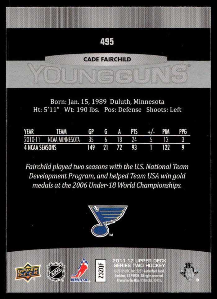 2011-12 Upper Deck #495 Cade Fairchild RC | eBay