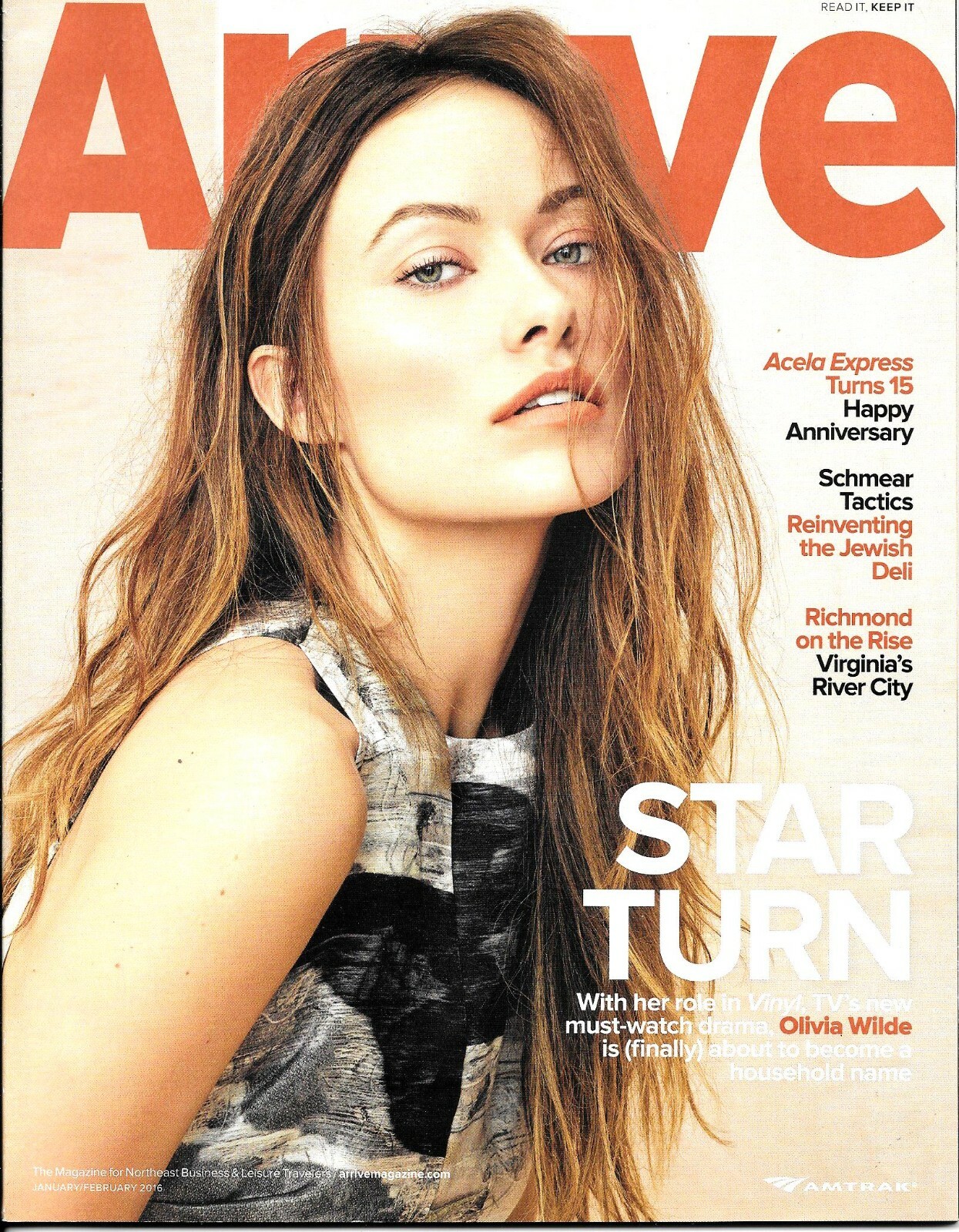 AMTRAK COLLECTIBLE-ARRIVE MAGAZINE-JANUARY/FEBRUARY 2016-OLIVIA WILDE ...