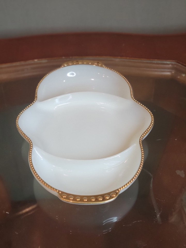 Fireking Fire King Divided Relish Dish Oven Ware Milk Glass White Gold ...