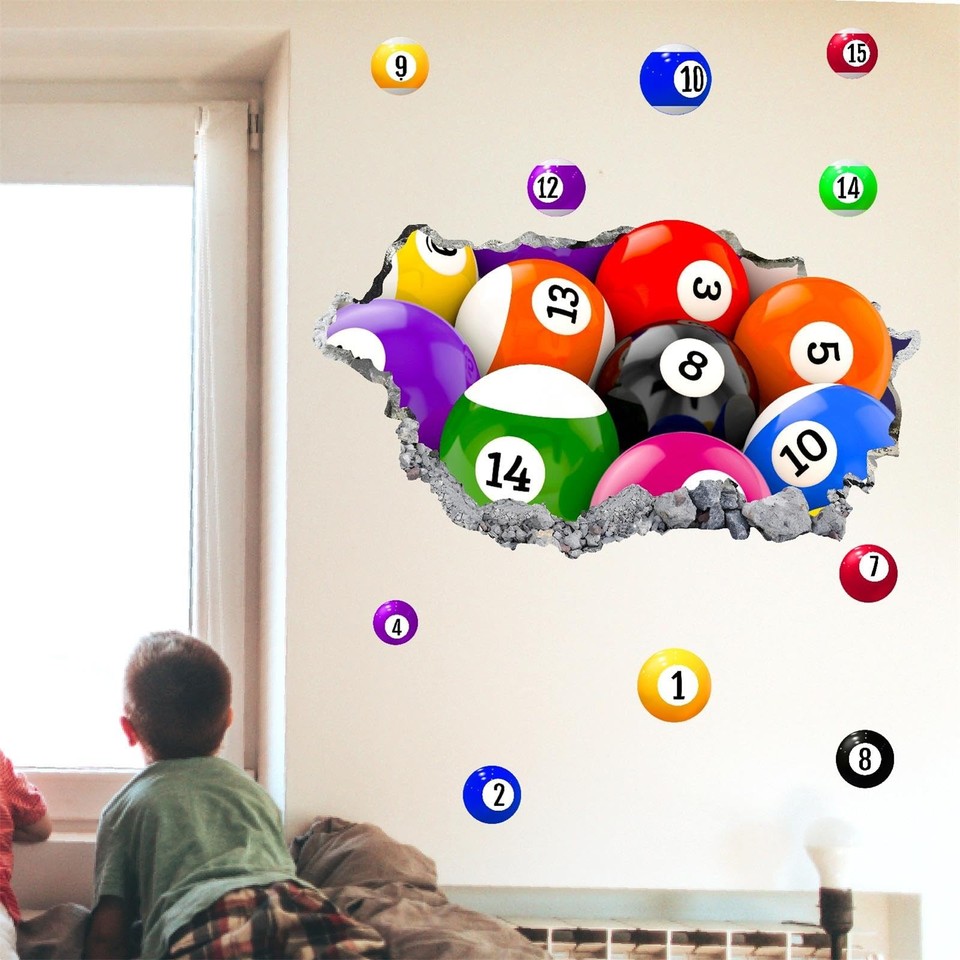 Billiards 3D Wall Stickers Decor Sport Ball Wall Sticker for Boys Pool ...