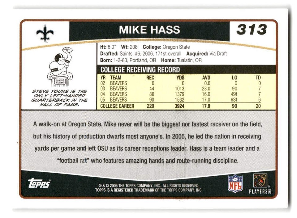 Mike Hass 2006 Topps #313 New Orleans Saints FOOTBALL | eBay
