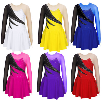Girls Mesh Long Sleeve Figure Ice Skating Dress Rhinestone Skating ...