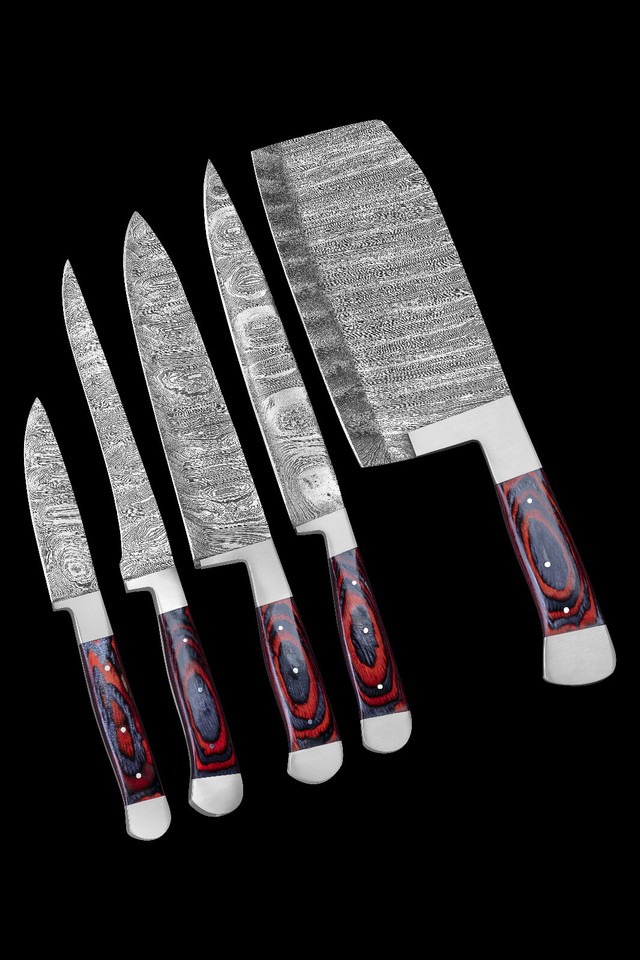 Damascus Steel Knife Set of 5 Custom Handmade Forged Chef Kitchen ...