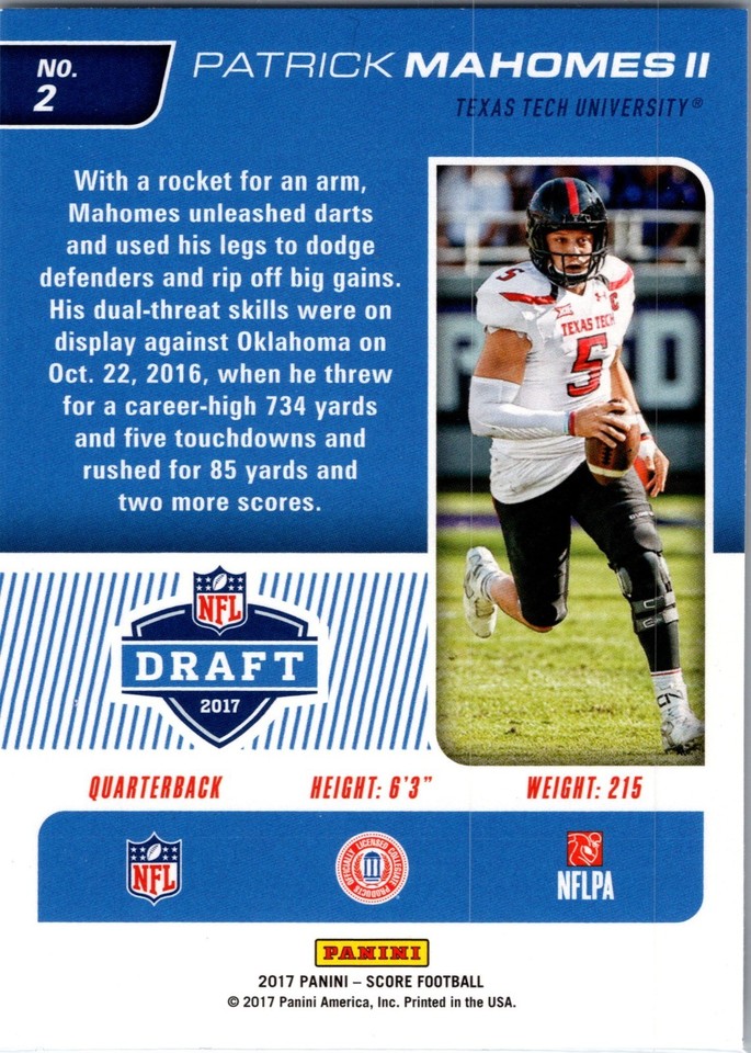 2017 Score - NFL Draft Patrick Mahomes II #2 ROOKIE RC | eBay
