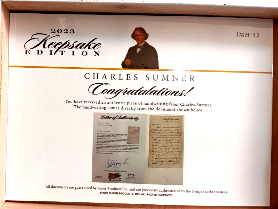 CHARLES SUMNER #1/1 KEEPSAKE AUTHENTIC HANDWRITTEN RELIC 5X7 CARD #IMH ...
