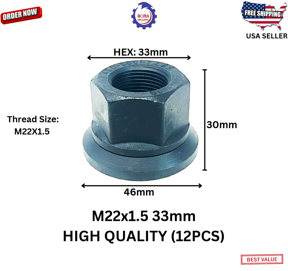 12 PCS Flanged Wheel Nuts M22x1.5 33mm for Unimount Hub Piloted Semi ...