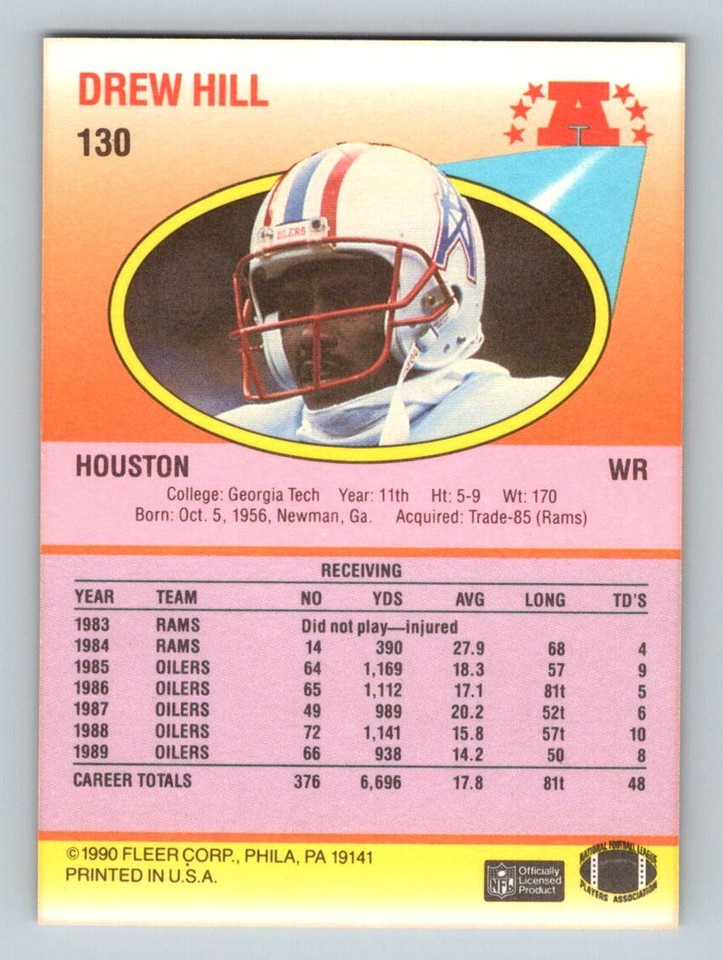 1990 Fleer #130 Drew Hill Houston Oilers Football Card | eBay