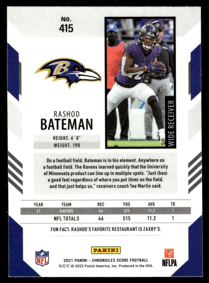 Rashod Bateman Rookie 2021 Panini Chronicles Score Update Rookies #415 ...