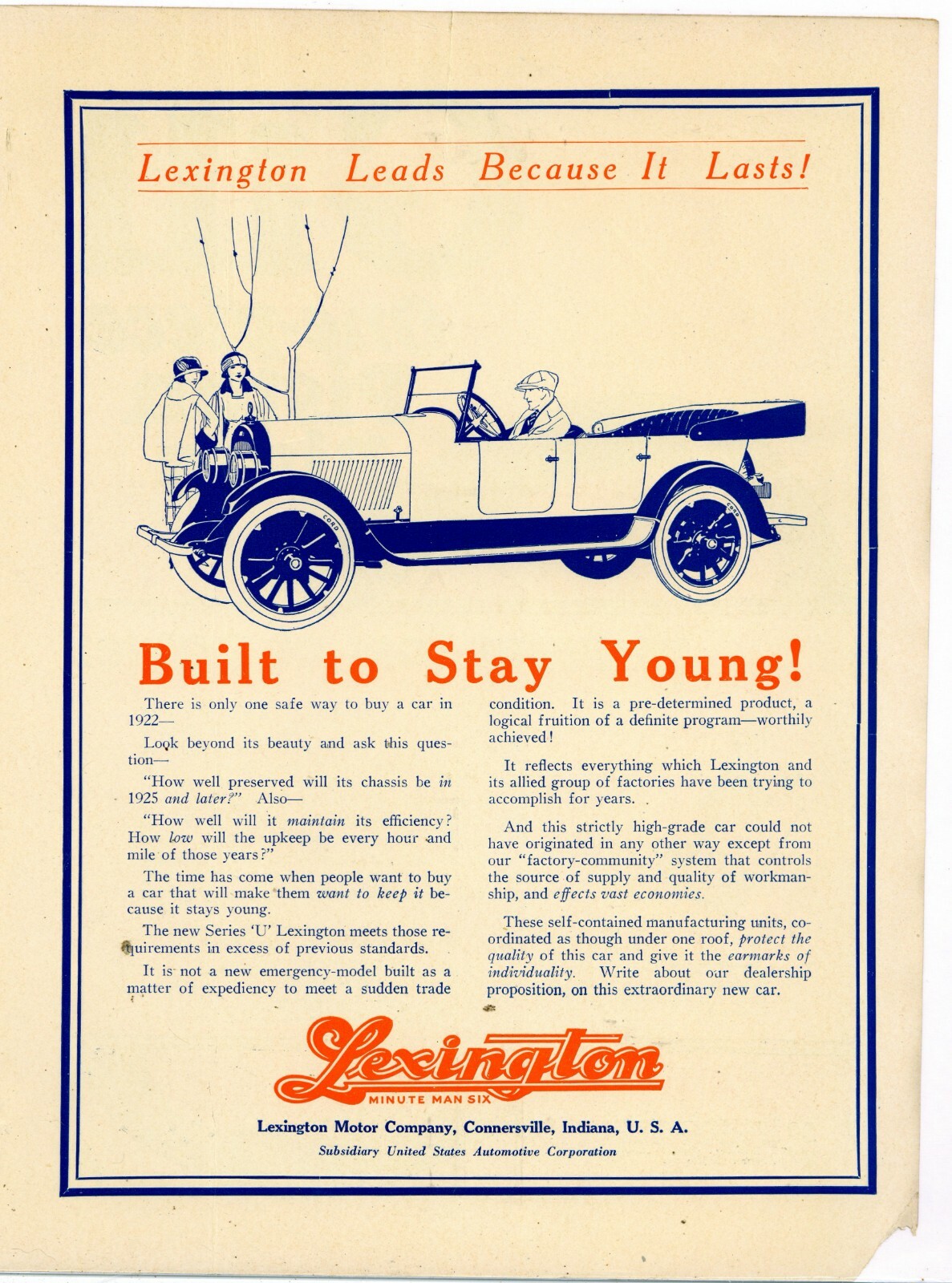 1922 Lexington Motor Cars Ad: Lexington Leads Because it Lasts ...