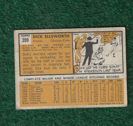DICK ELLSWORTH - 1963 TOPPS BASE CARD # 399 - CHICAGO CUBS - MLB | eBay