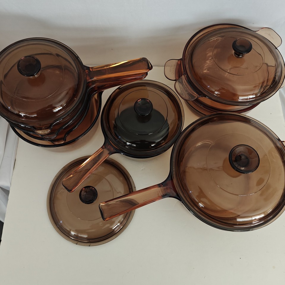 Vtg Corning Visions 13 Piece Lot of Amber Cookware - Sauce Pans + | eBay