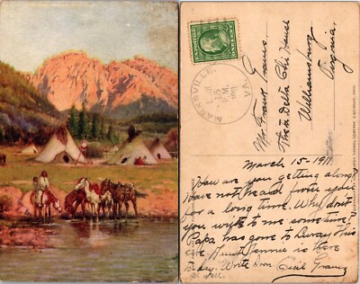 Native Encampment and Riders Near Mountains Postcard | eBay