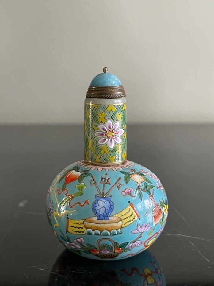 Vintage Chinese Aqua Ground Multicolor Hand Painted Peking Glass Bottle ...