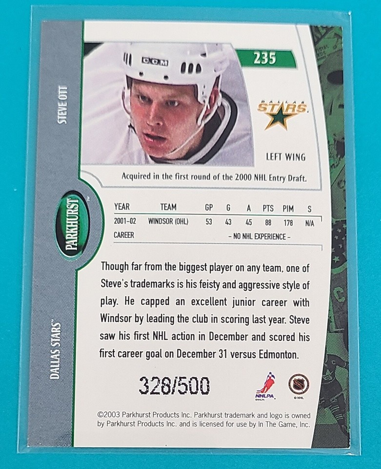 2002-03 Parkhurst /500 RC #235 Steve Ott Dallas Stars HOCKEY Card L8 | eBay