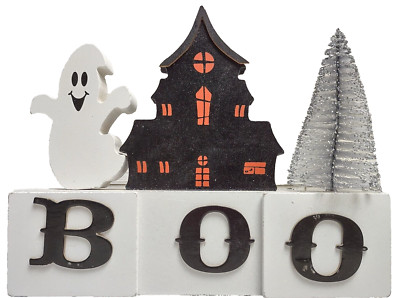 Ghost Boo Halloween Village Decor Wood Haunted House Tinsel Tree ...