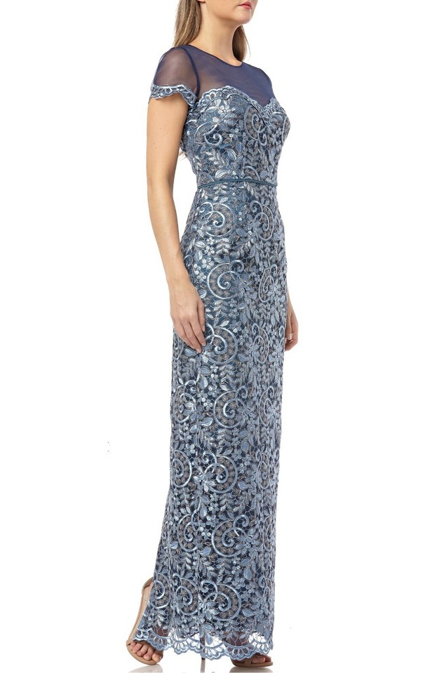 💙 JS COLLECTIONS Blue Silver Metallic Floral Embroidered Sheer Yoke ...