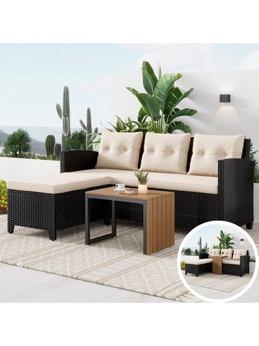 Patio Furniture Sectional Sofa Set 3Ps All Weather Black Beige Washable Cushions 744110258929| eBay