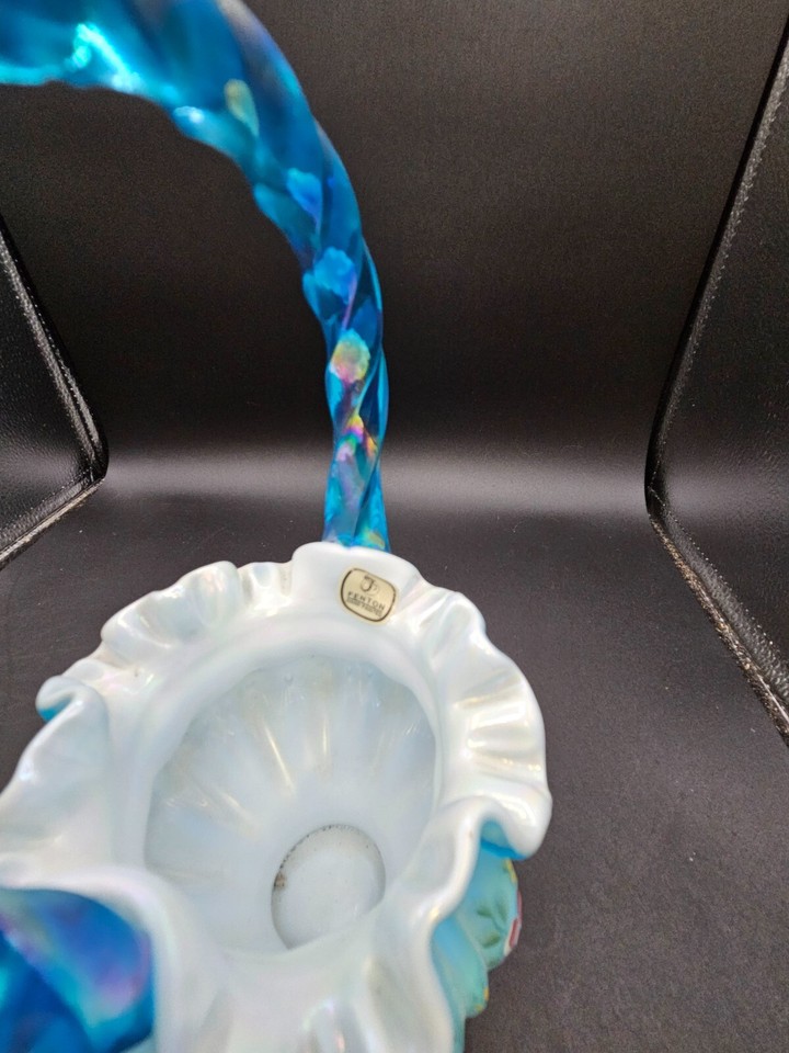 VTG. Fenton Hand Painted Blue Carnival Overlay Melon Basket Signed Bill ...