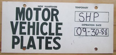 New Hampshire 1988 TEMPORARY CARDBOARD License Plate | eBay