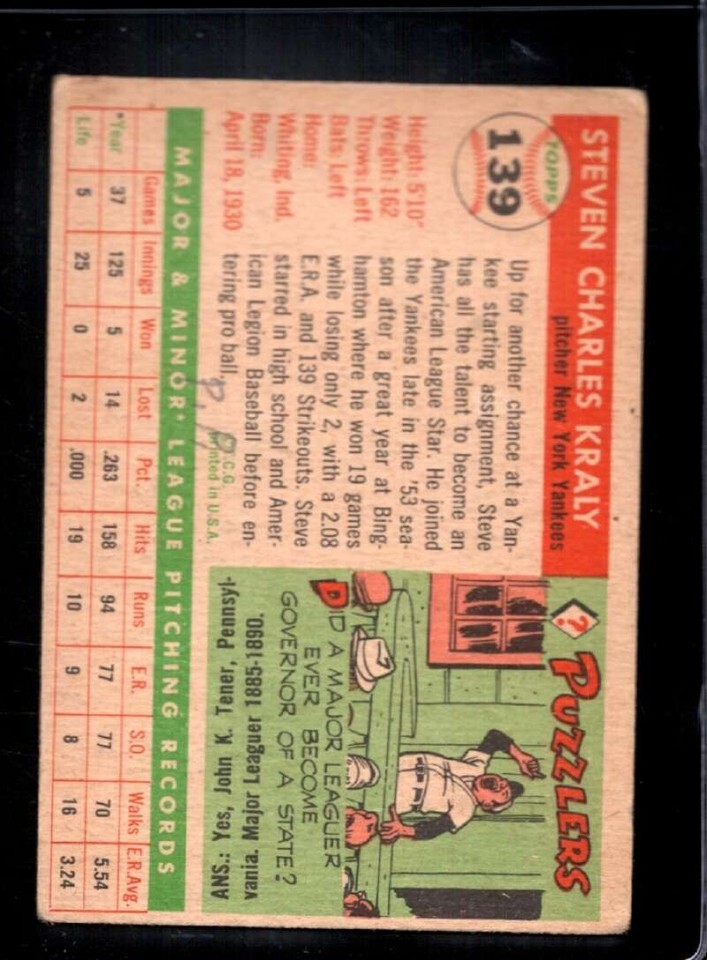 1955 TOPPS #139 STEVE KRALY GOOD+ (RC) YANKEES UER *NY6104 | eBay
