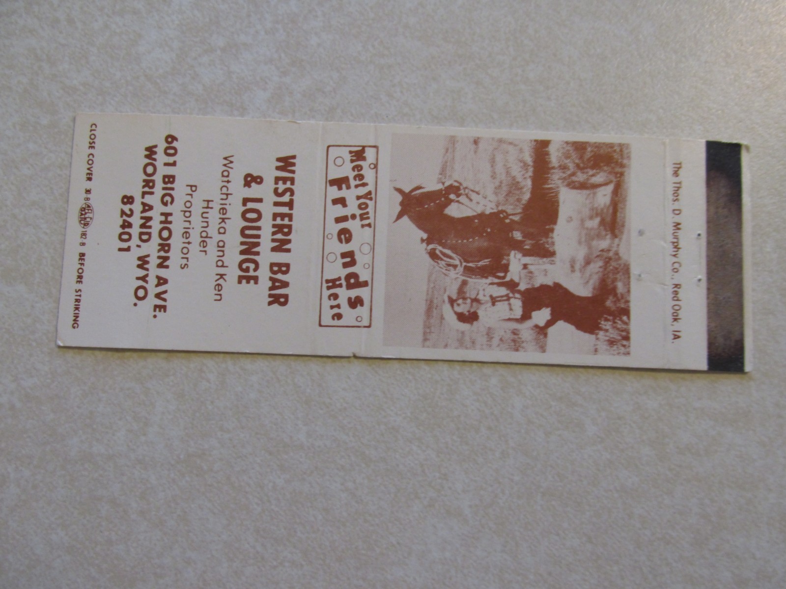 Y414 Vintage Matchbook Cover Western Bar & Lounge Worland WY Wyoming | eBay
