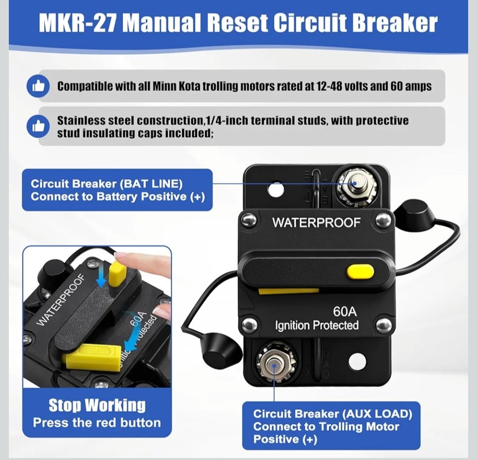 MKR-27 60 AMP Circuit Breaker 1865115 &1865120 MKR-28 Trolling Motor ...