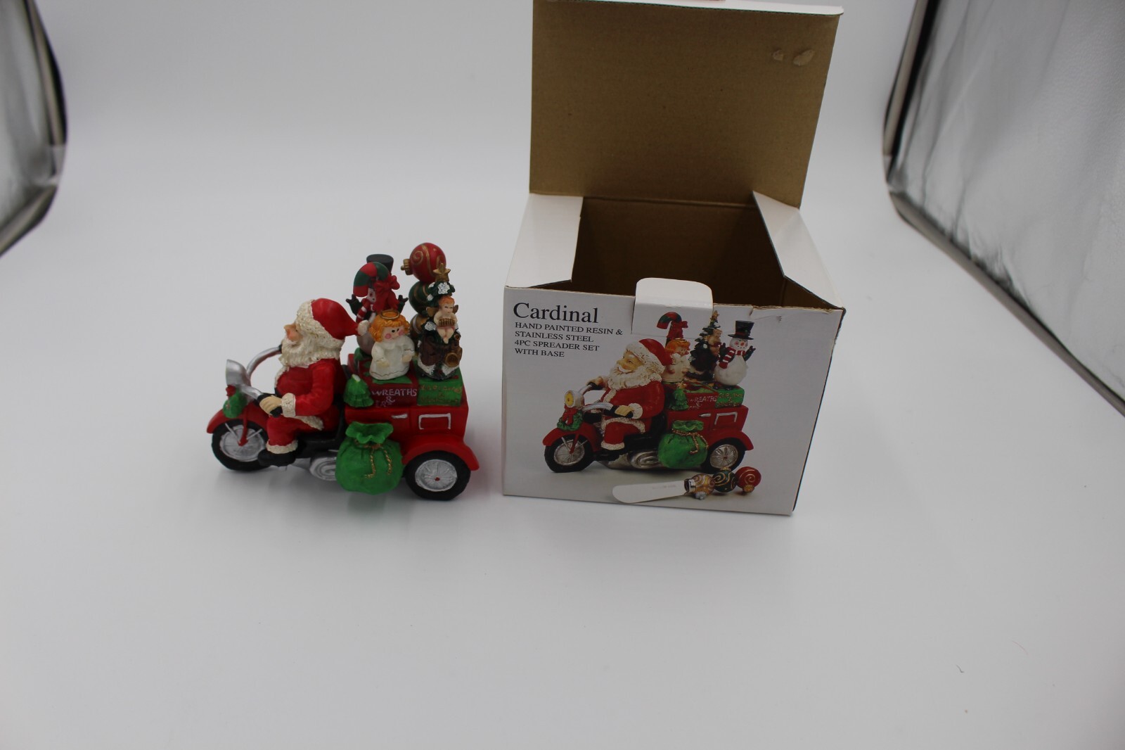 Beautiful Rare Cardinal 4 Piece Santa Motorcycle Spreader Set With Base ...