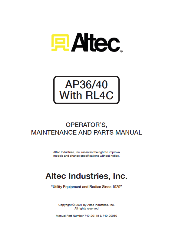 Altec AP36 / AP40 w/ RL4C Operator Parts & Maintenance Manual for ...