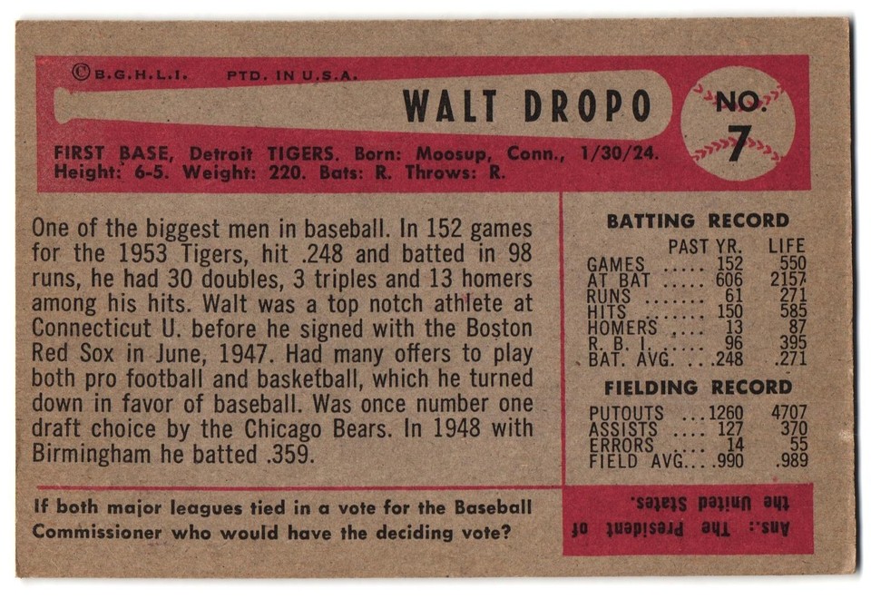 Walt Dropo 1954 Bowman ML Baseball Color Trading Card # 7 Detroit | eBay