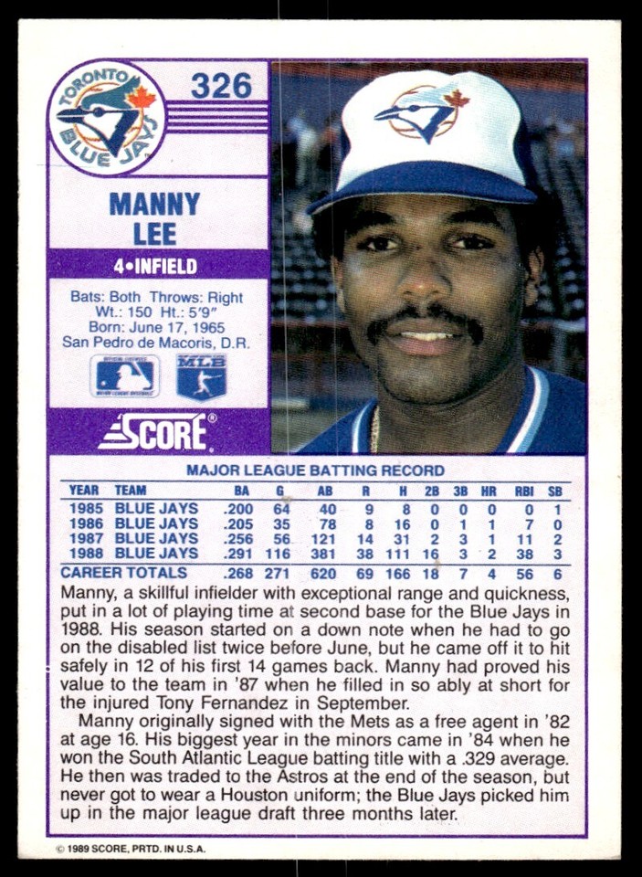 1989 Score Baseball Card Manny Lee Toronto Blue Jays #326 | eBay