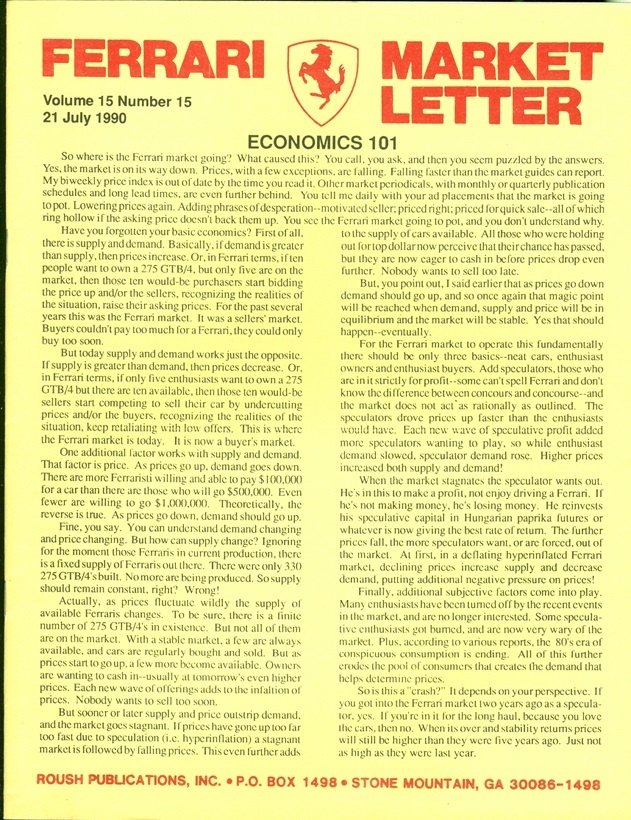 1990 Ferrari Market Letter volume 15 number 15 July: Economics 101 | eBay