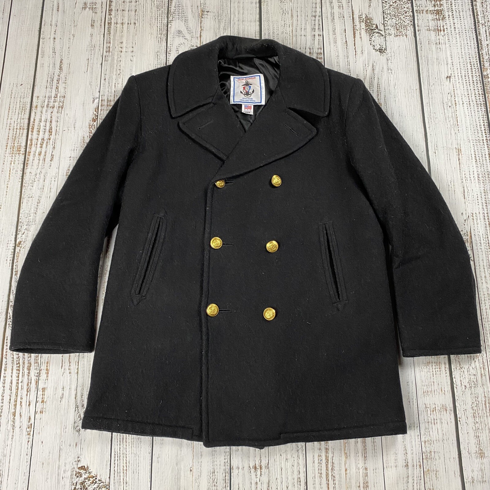 VTG STERLINGWEAR ANCHOR COLLECTION USN USMS BLACK PEACOAT WOOL MENS 42R ...
